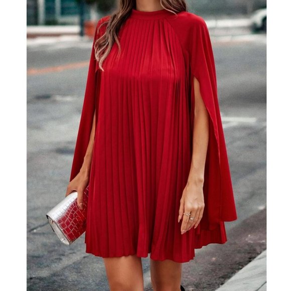 Dresses | Pleated Cloak Sleeve Mini Red Dress | Poshmark